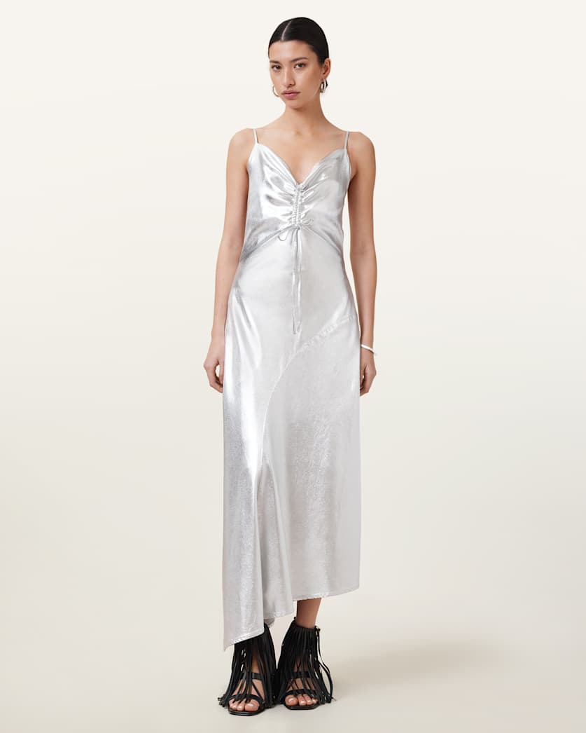 Alexia V-Neck Metallic Midi Slip Dress Metallic Silver | ALLSAINTS